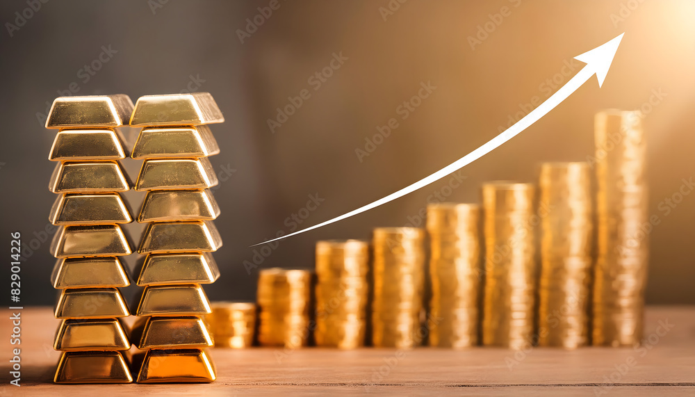 Rise in gold prices. Gold rising chart. Gold bars with a upward arrow ...