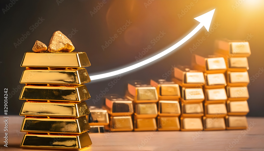 Rise in gold prices. Gold rising chart. Gold bars with a upward arrow Stock Photo | Adobe Stock