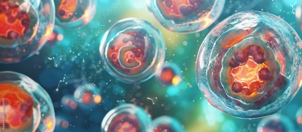 Biology background featuring a close-up of animal cells in different ...