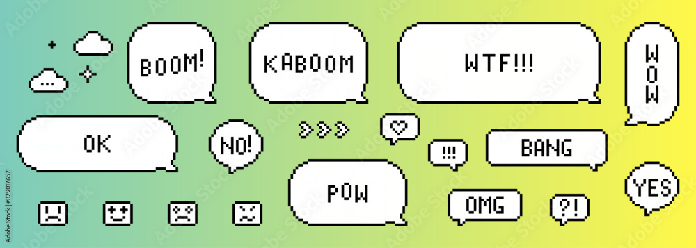 Set of pixel art speech bubbles. Balloon with text Pow, Wow, Yes, No ...