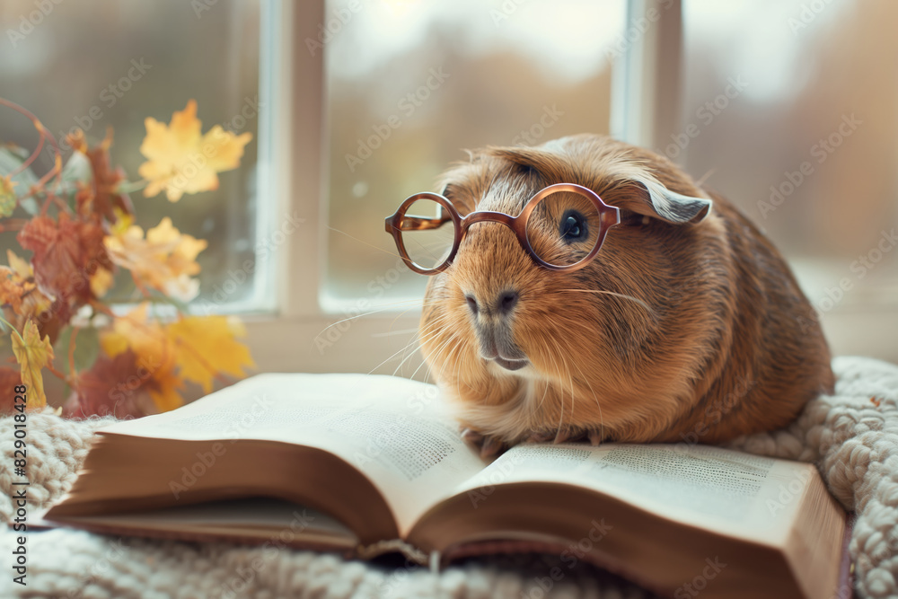 Guinea pig wearing glasses reading a book by the window, autumn scene ...