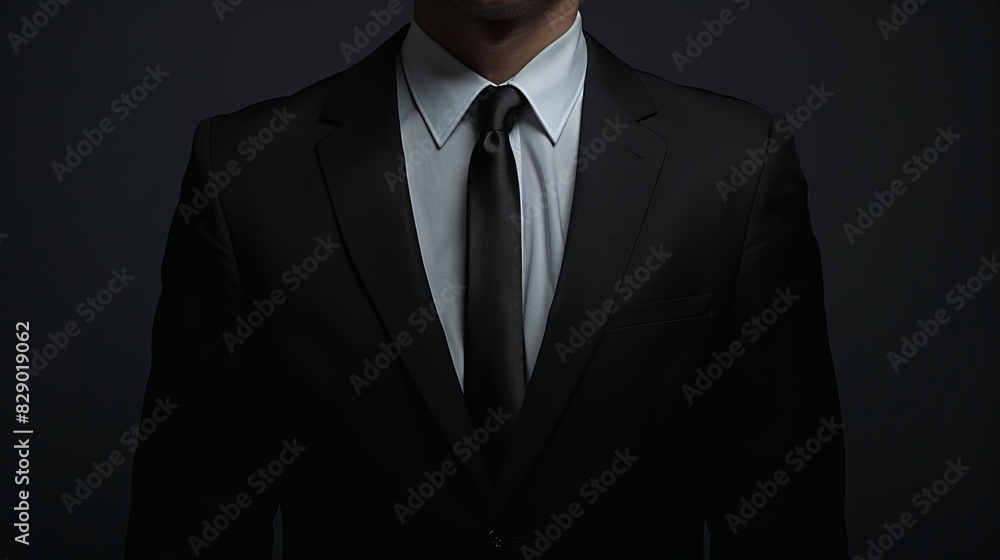 Man in a black suit with a white shirt and black tie on a black ...