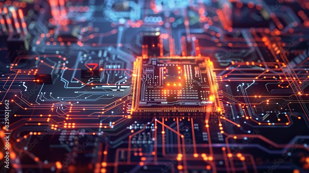 Flying futuristic central processing unit. electronic circuitry within ...