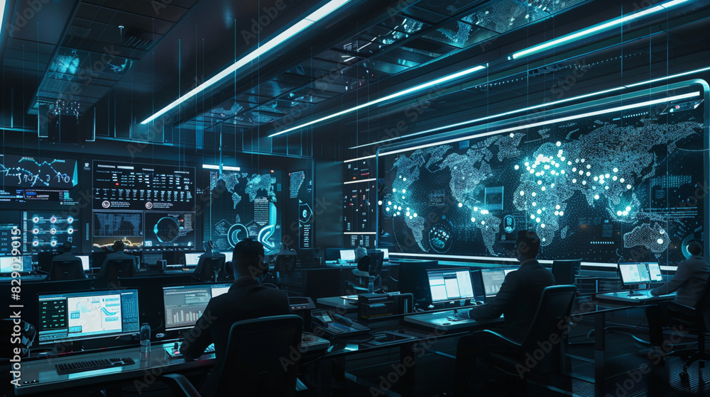 cyber monitor room , neon light, technology concept visual, big screen ...