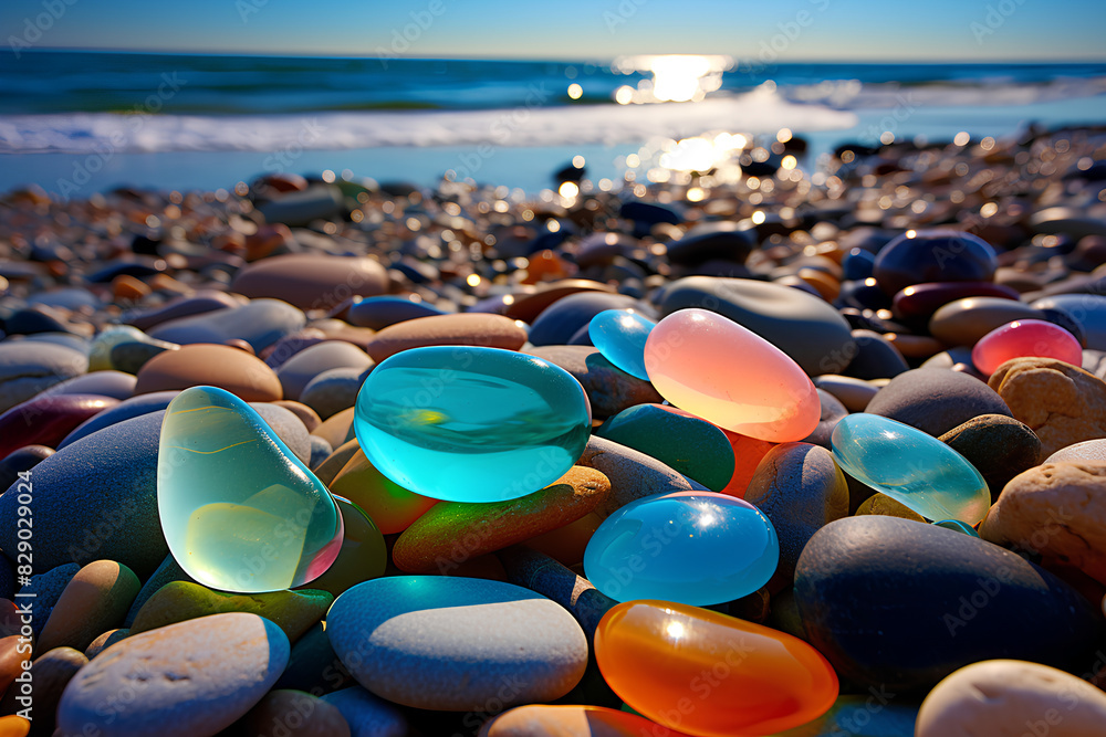 Colorful gemstones on a beach. Polish textured sea glass and stones on ...