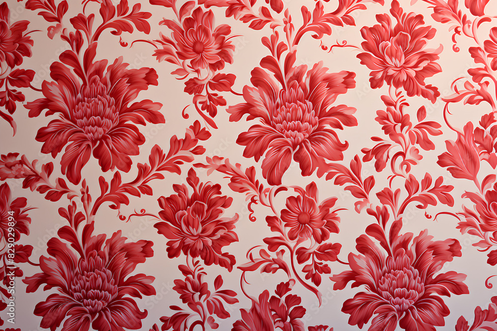Red wallpaper vintage flock with red damask design on a white ...