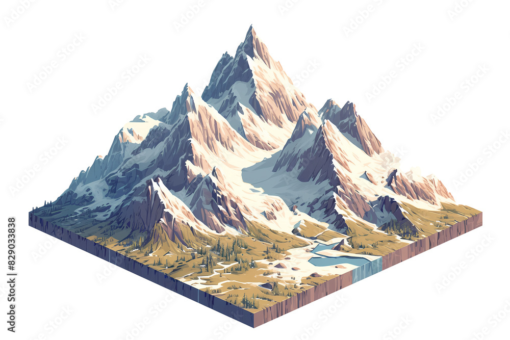 Isometric mountain terrain with snowy peaks and green valley ...