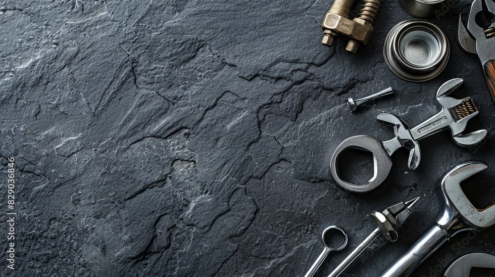 Plumbing accessories laid out on a stone black background, creating ...