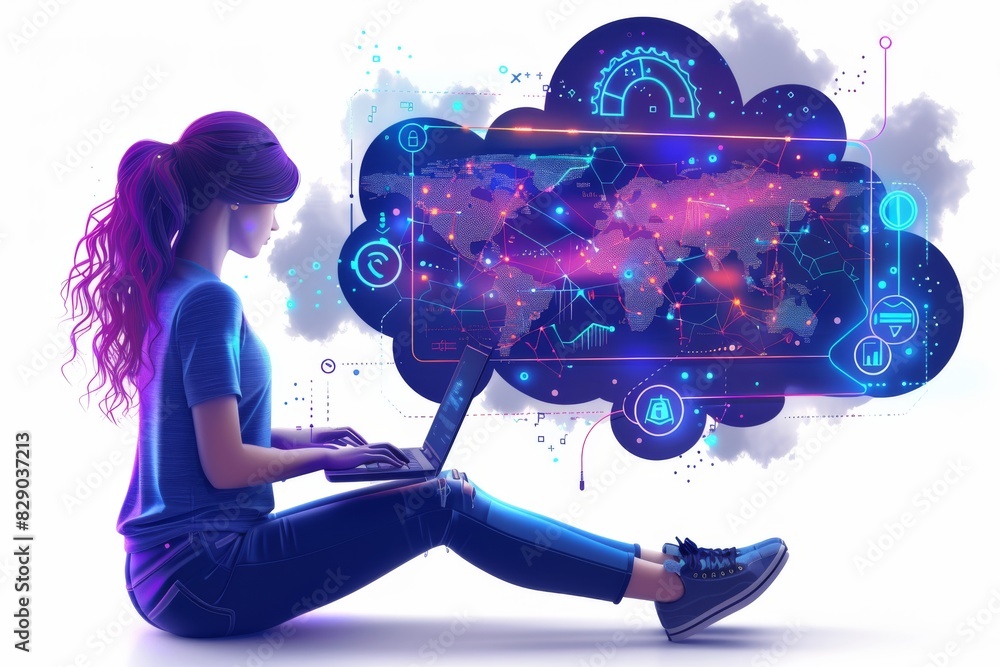 Woman using futuristic augmented reality interface to access digital networks, illustrating the ...