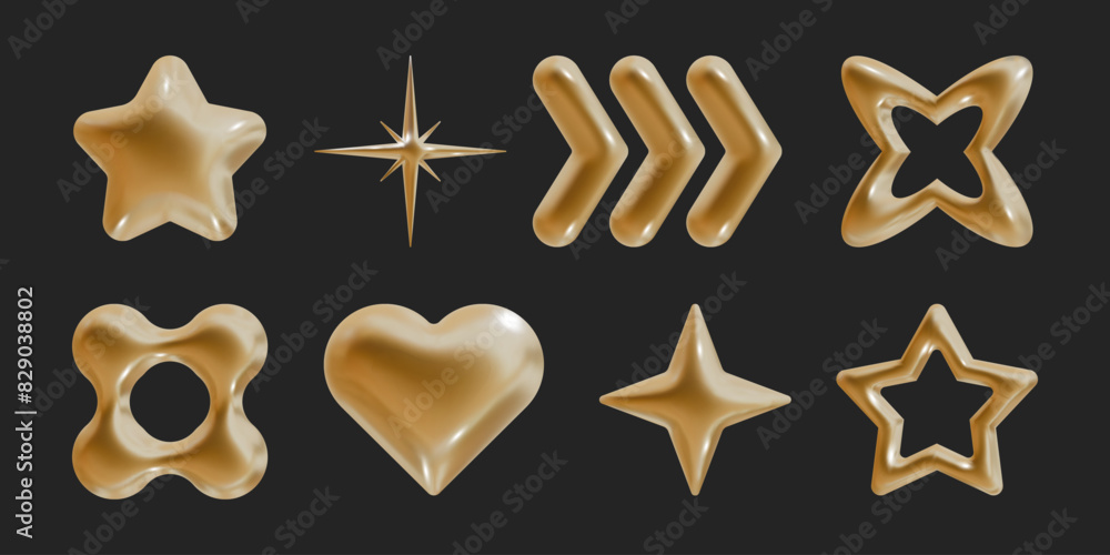 Stockvector Set of Y2k geometric 3D render gold shapes trendy retro ...