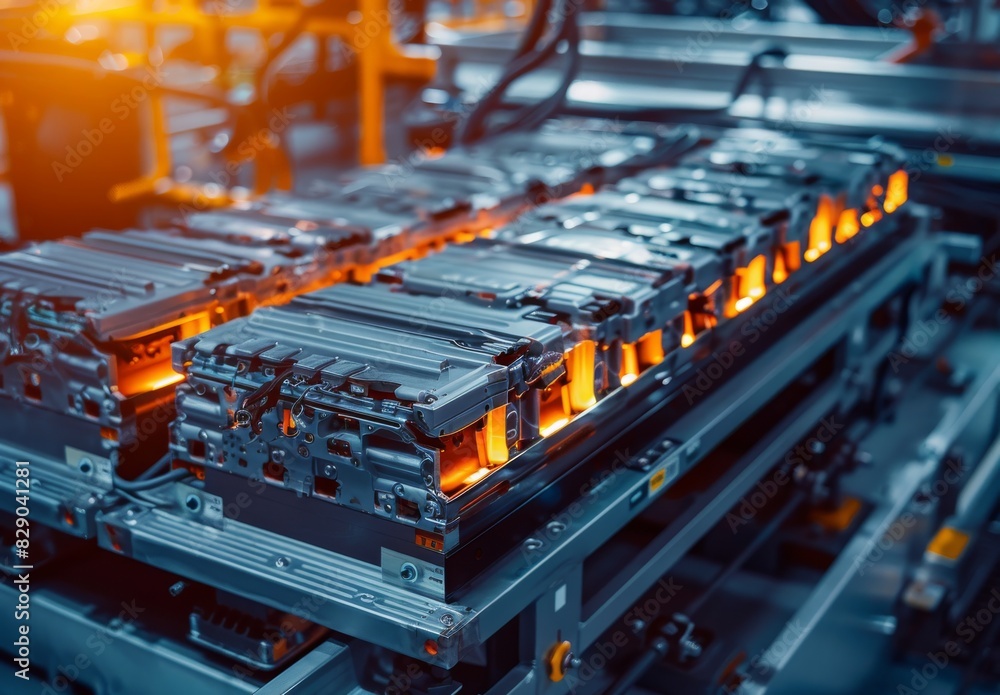 Close-up of lithium-ion cells in high-voltage electric vehicle battery ...