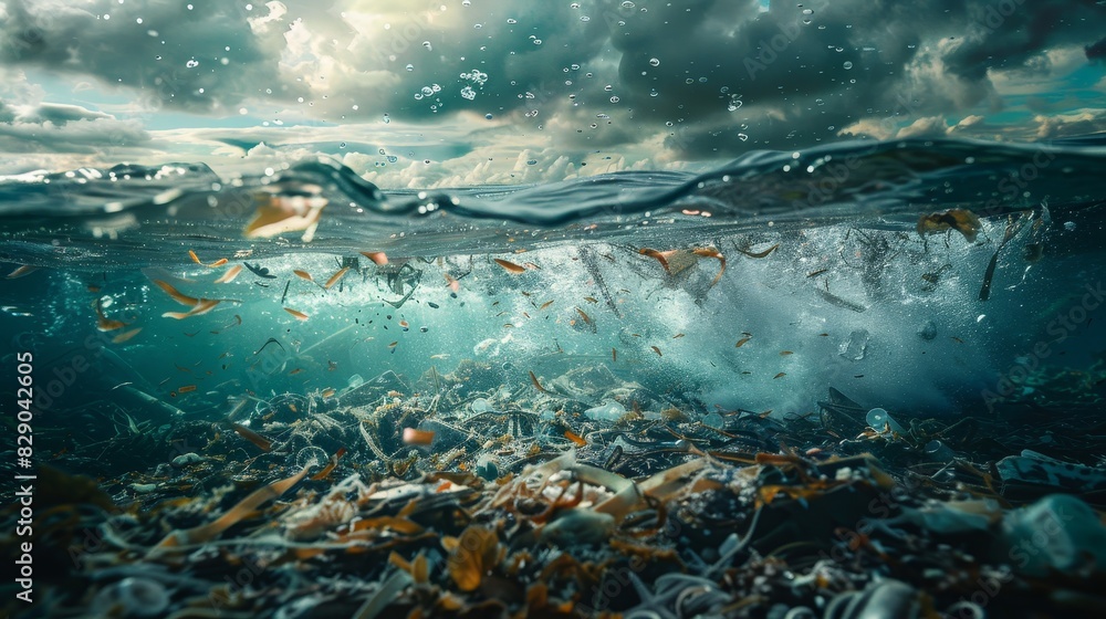 Polluted ocean surface with floating debris and waste Stock ...