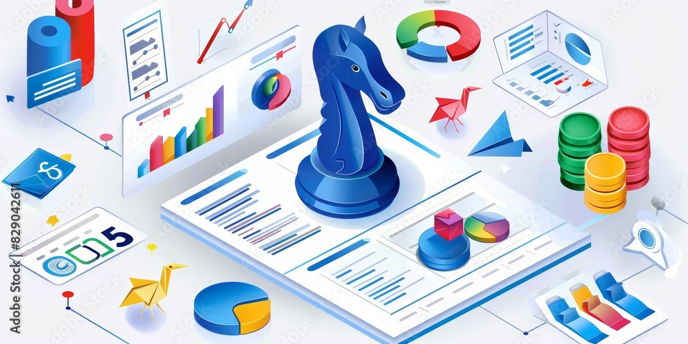 Illustrated digital chessboard with chess pieces and data graphics ...