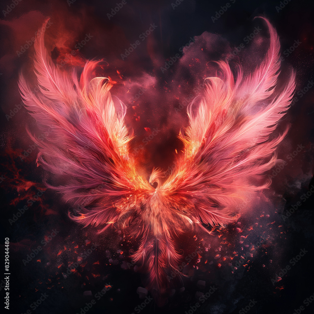 Fiery bright, red wings like a phoenix bird. Illustrations created ...