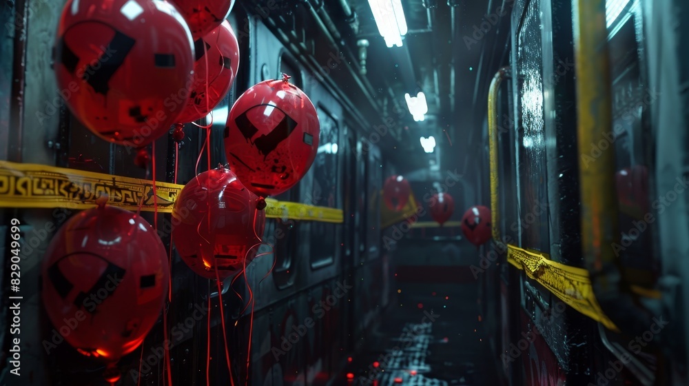 Dimly lit subway car with a series of red balloons with black symbols ...