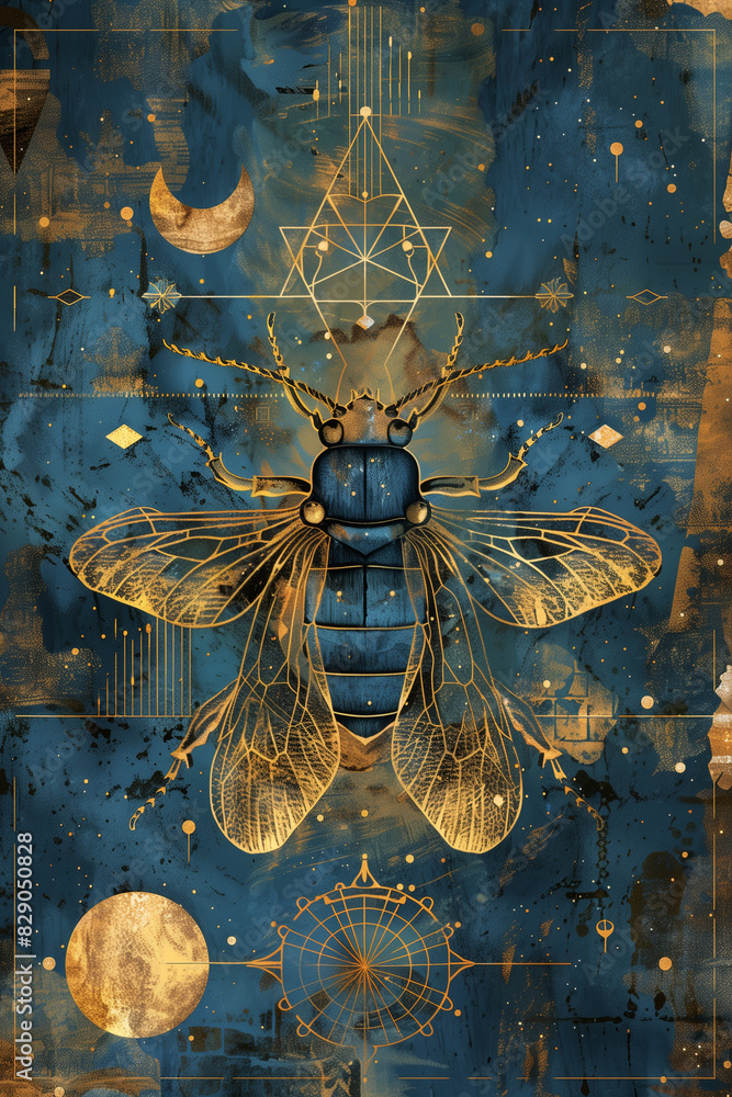 Drawings of golden beetle insects in a mixed boho and art deco ...