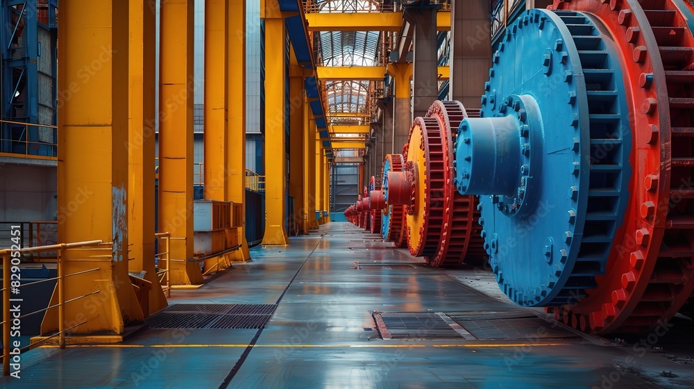 industrial equipment painted in bold primary colors, creating a ...