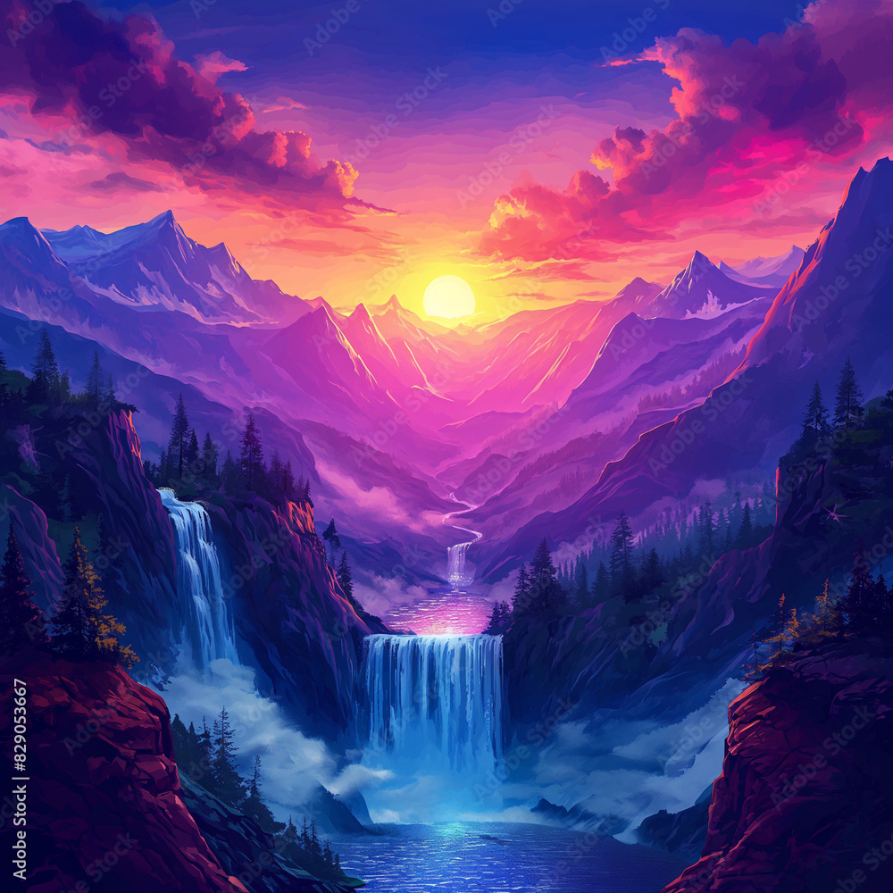 Bright Landscape With A Waterfall And Sunset Fashionable Background