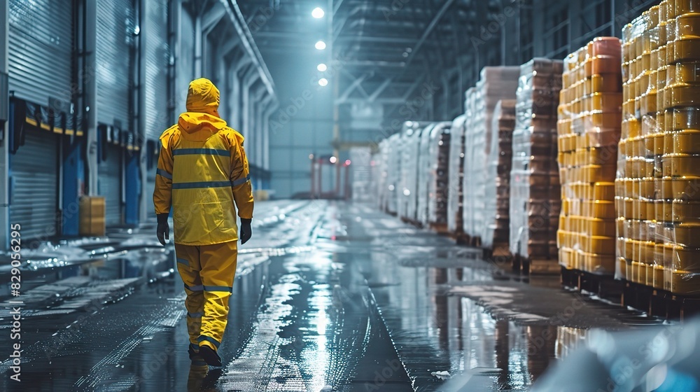industrial worker in a freezer suit loading frozen goods onto pallets ...