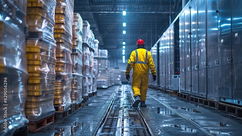 industrial worker in a freezer suit loading frozen goods onto pallets ...