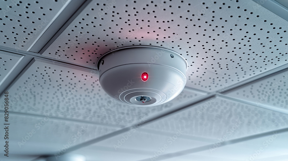 Overhead view of white fire alarm under soft lighting on stippled ...