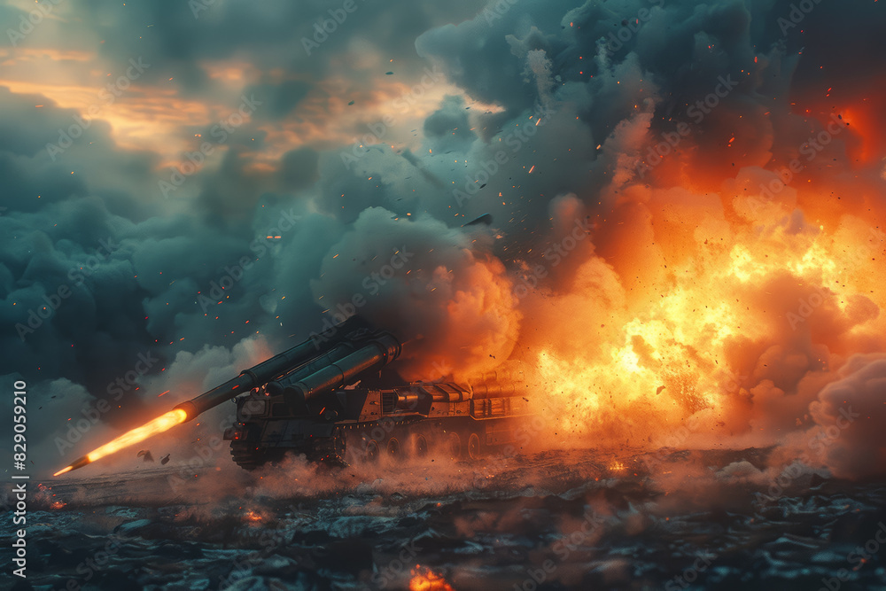 Long-range artillery rocket launcher raining down barrages of explosive ...