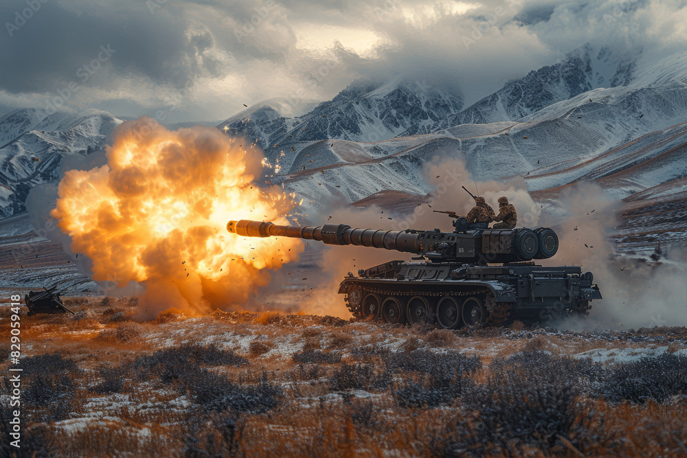 Field artillery howitzer firing high-explosive shells at distant ...