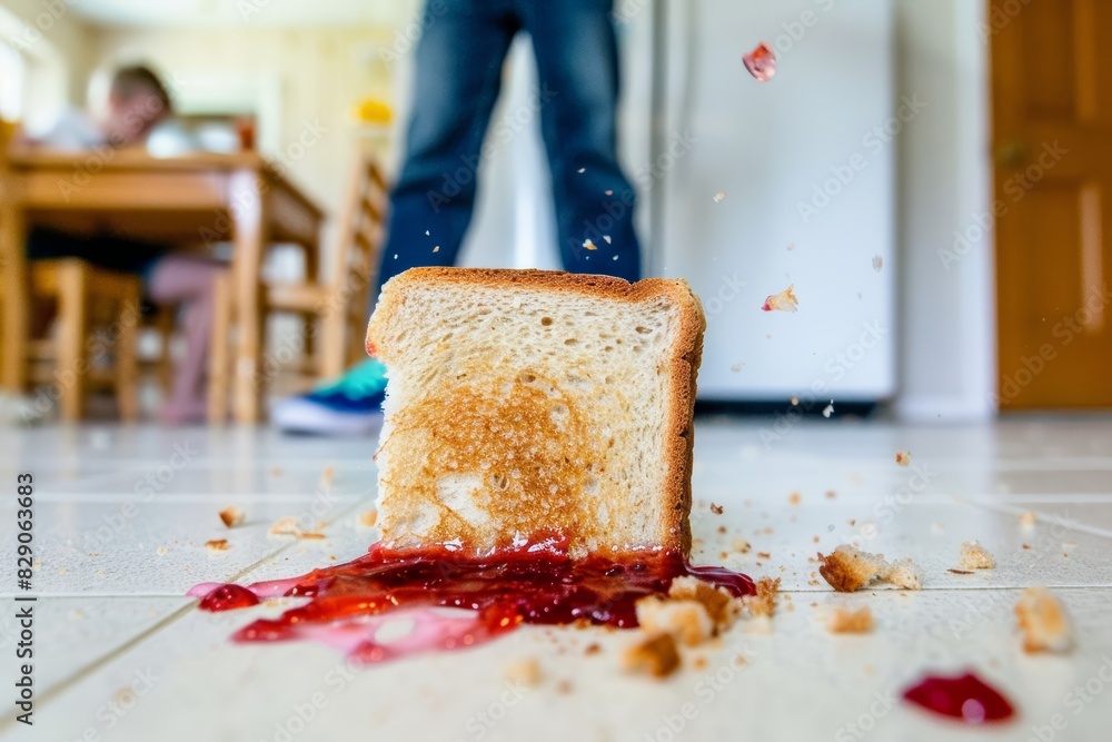 Slice of toast with jam falling onto a kitchen floor, creating a sticky ...