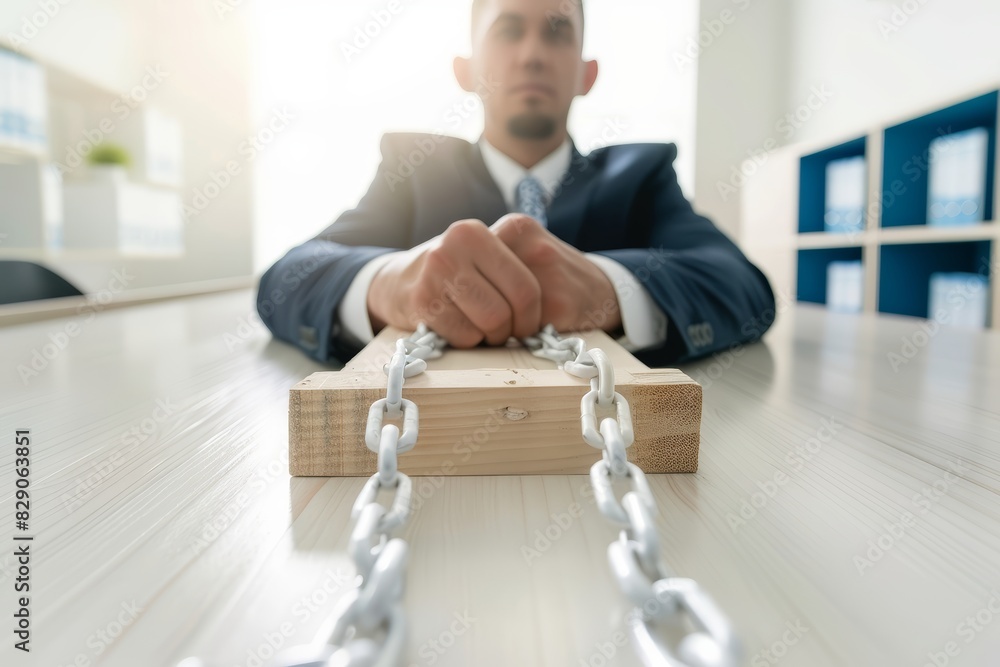 Businessman sitting at a desk with chains around his wrists ...