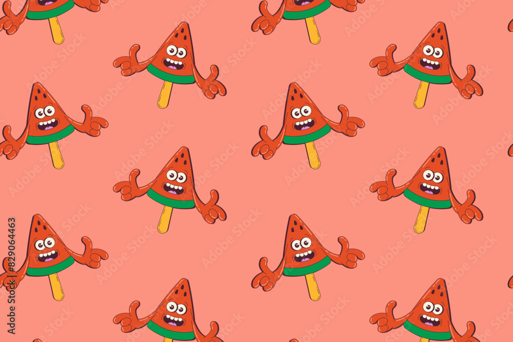 Seamless Watermelon Pattern in Cartoon Retro Groovy Style. Summer ...