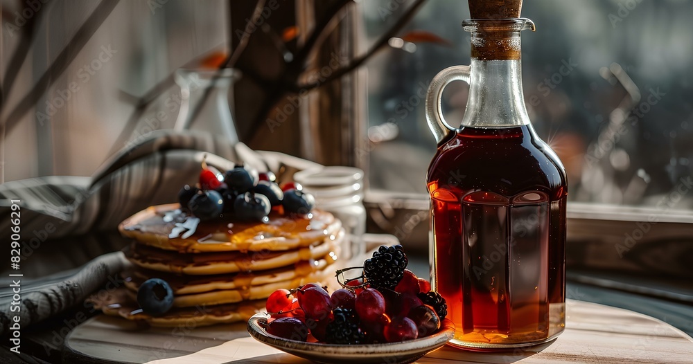 Maple syrup, american fritters, pancakes blueberries, a plate with a ...
