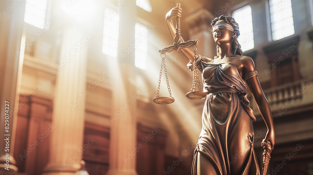 Full length statue of Lady Justice in the rays of the sun against the ...