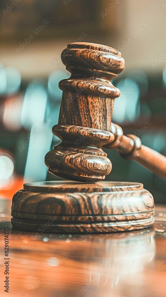 Vertical close-up of a wooden judge gavel on a reflective surface, side ...
