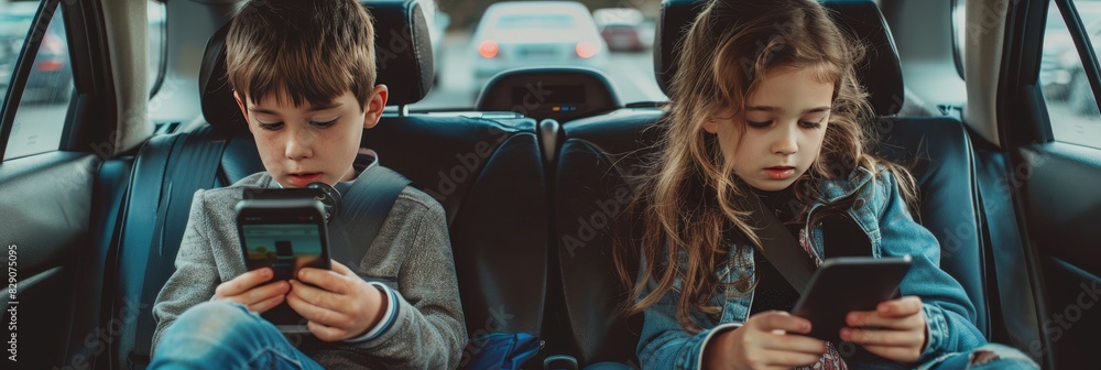 Two children are sitting in a car and looking at their cell phones ...