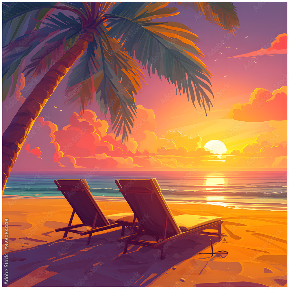 sunset on the beach, colorful tropical illustration in cartoon style ...