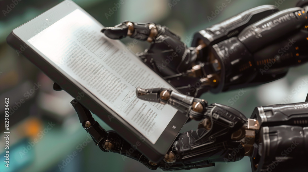 Robot hands holding and reading an e-reader device. Futuristic ...