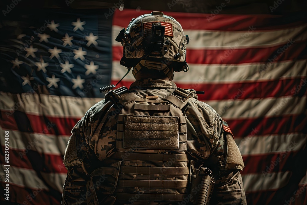 The American soldier stands with his back to the camera, holding an ...