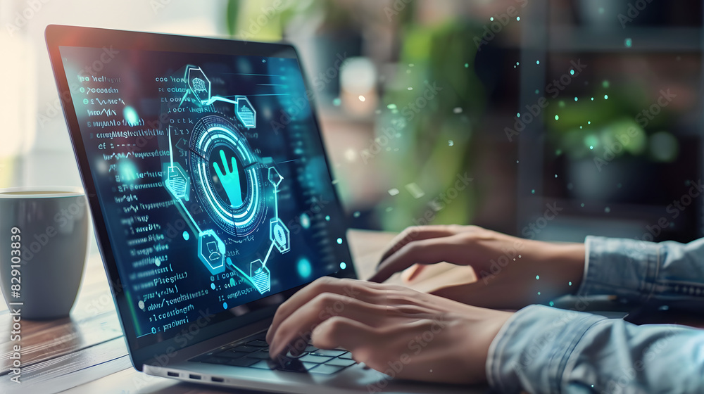 Person typing on a laptop with holographic warning symbols on screen in ...