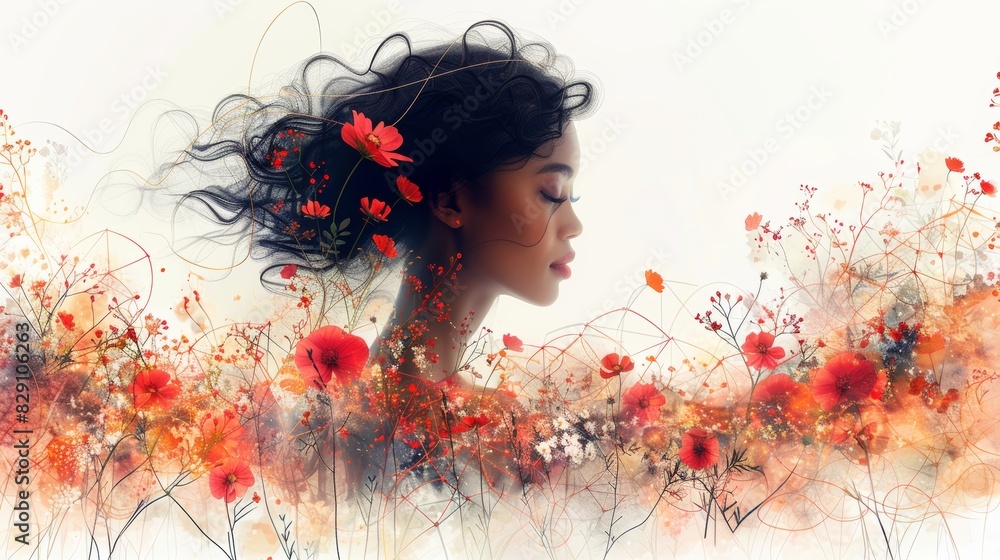 Profile of a woman with red flowers in her hair and surrounding her in ...