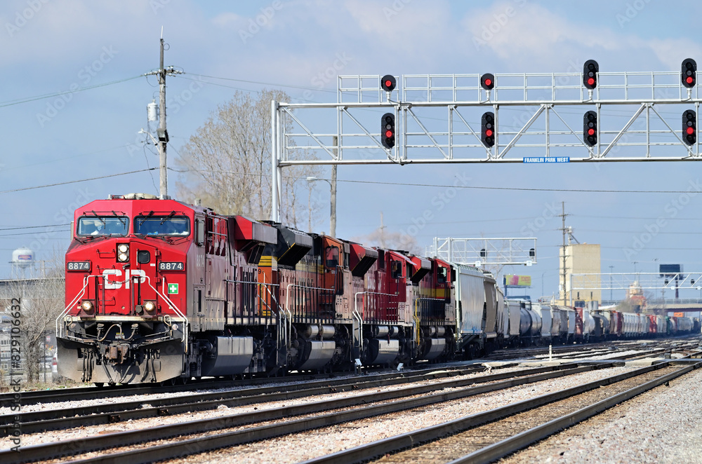 Canadian Pacific Kansas City locomotives lead a freight train from the ...