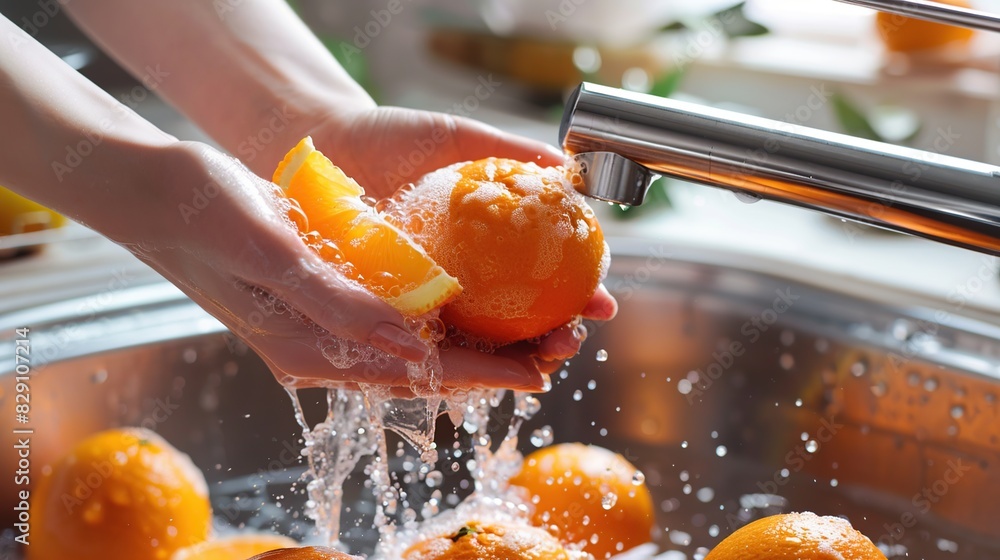 hygiene, health care and safety concept - woman's hands washing orange ...