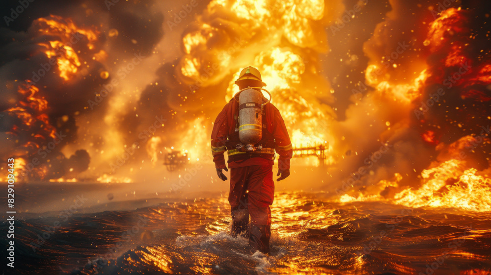 an oil rig worker is jumping in the fire at the oil platform trying to ...