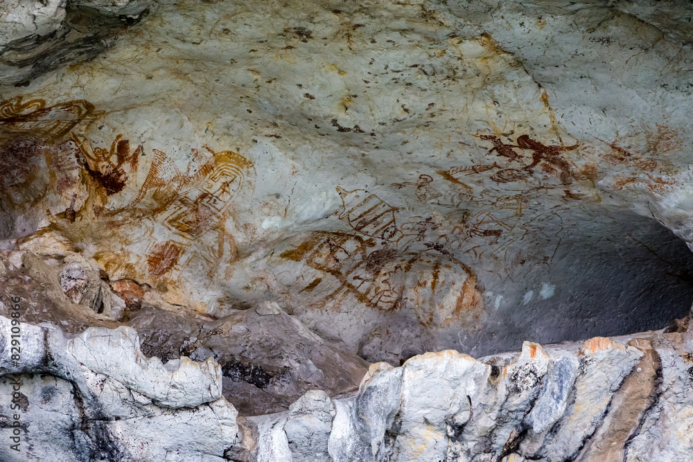 Ancient cave drawings of fish and animals in a small cave in Phang Nga ...