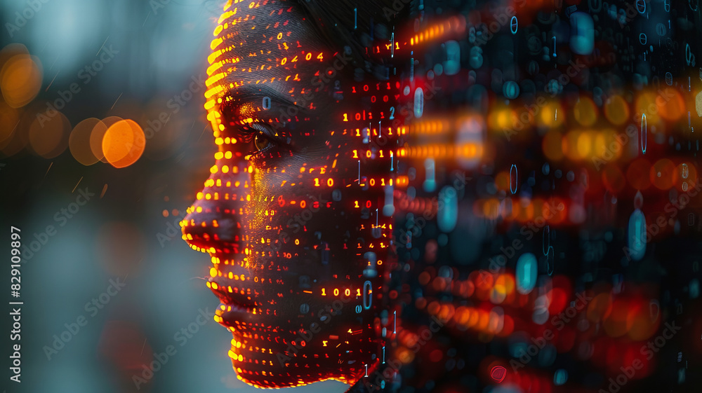 A human-like person transforms into digital binary code, with 1s and 0s ...