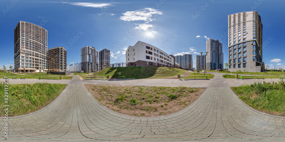 hdri 360 panorama near skyscraper multistory buildings of modern residential quarter complex in ...