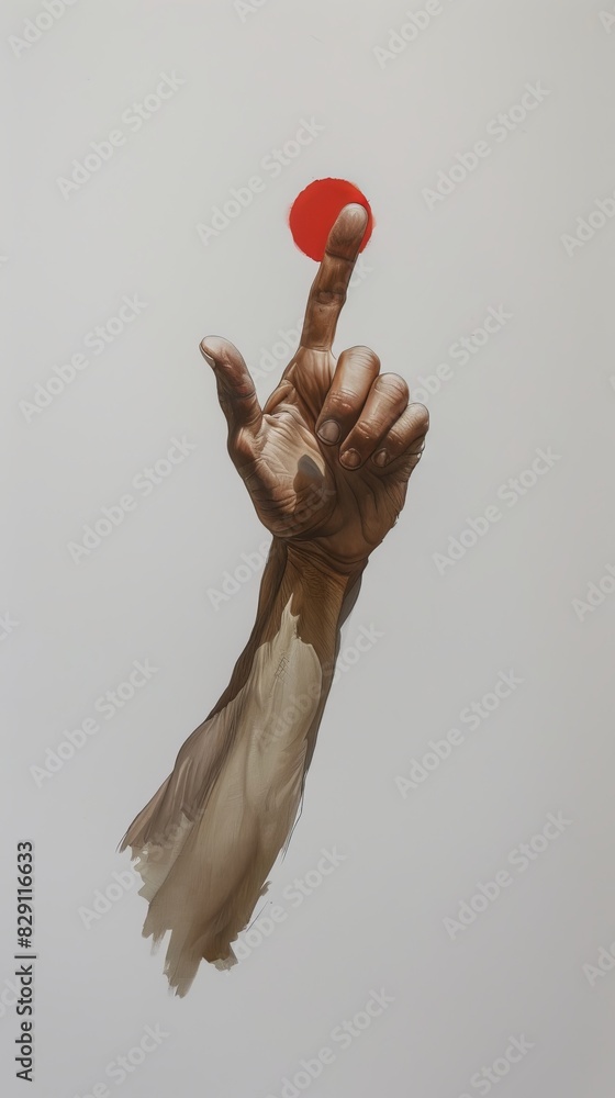 realistic painting of a hand pointing at a red dot Stock Illustration ...