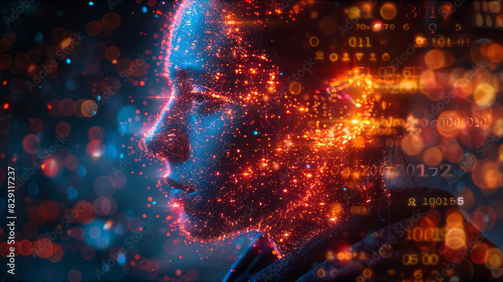 A human-like person transforms into digital binary code, with 1s and 0s ...