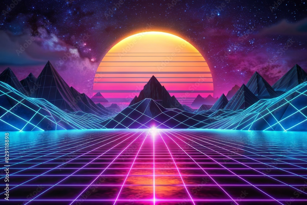 Artwork depicts set against a retro wave landscape, combining the ...