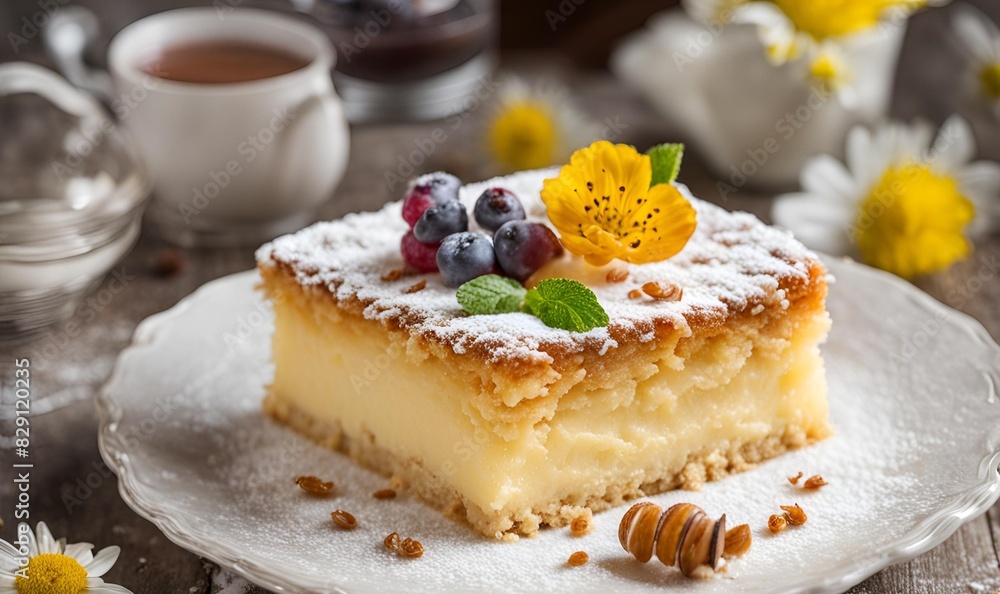 Bienenstich or bee sting cake, A traditional German dessert with a ...