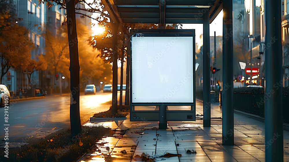 bus shelter at busstop blank white lightbox empty billboard and ad ...